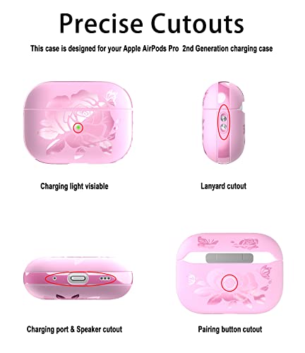 ROMSEA for AirPods Pro 2nd Generation Case Cover 2022, Rose Engraved Bling Floral Replacement Charging Case Cover for Women Shock-Absorbing Protective Case with Lanyard [Front LED Visible],Pink
