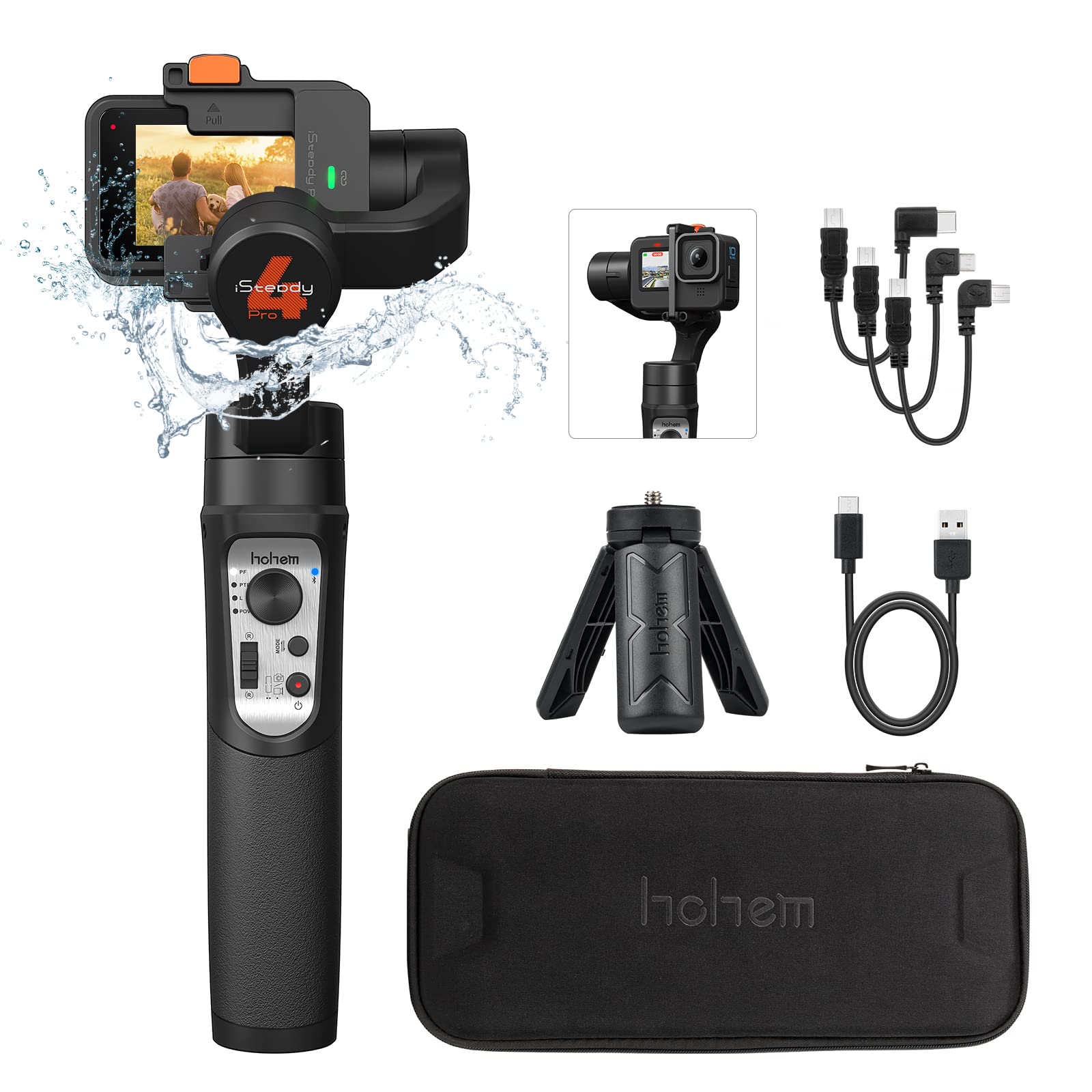 Gimbal Stabilizer for GoPro Action Camera, Hohem iSteady Pro 4, 3 Axis Handheld Gimbal Tripod Splash Proof Quick Clamping for GoPro10/9/8/7/6/5/4/3, DJI Osmo Action, Insta 360 One R (4K Version)