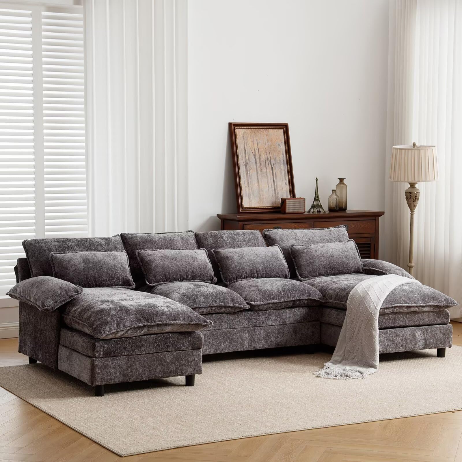 Siiejia U Shape Cloud Couch, 4 Seats Comfy Sectional Sofas Couches for Living Room, Modular Chenille Sofa with Double Reversible Chaise for Apartment Spacious Space, Grey