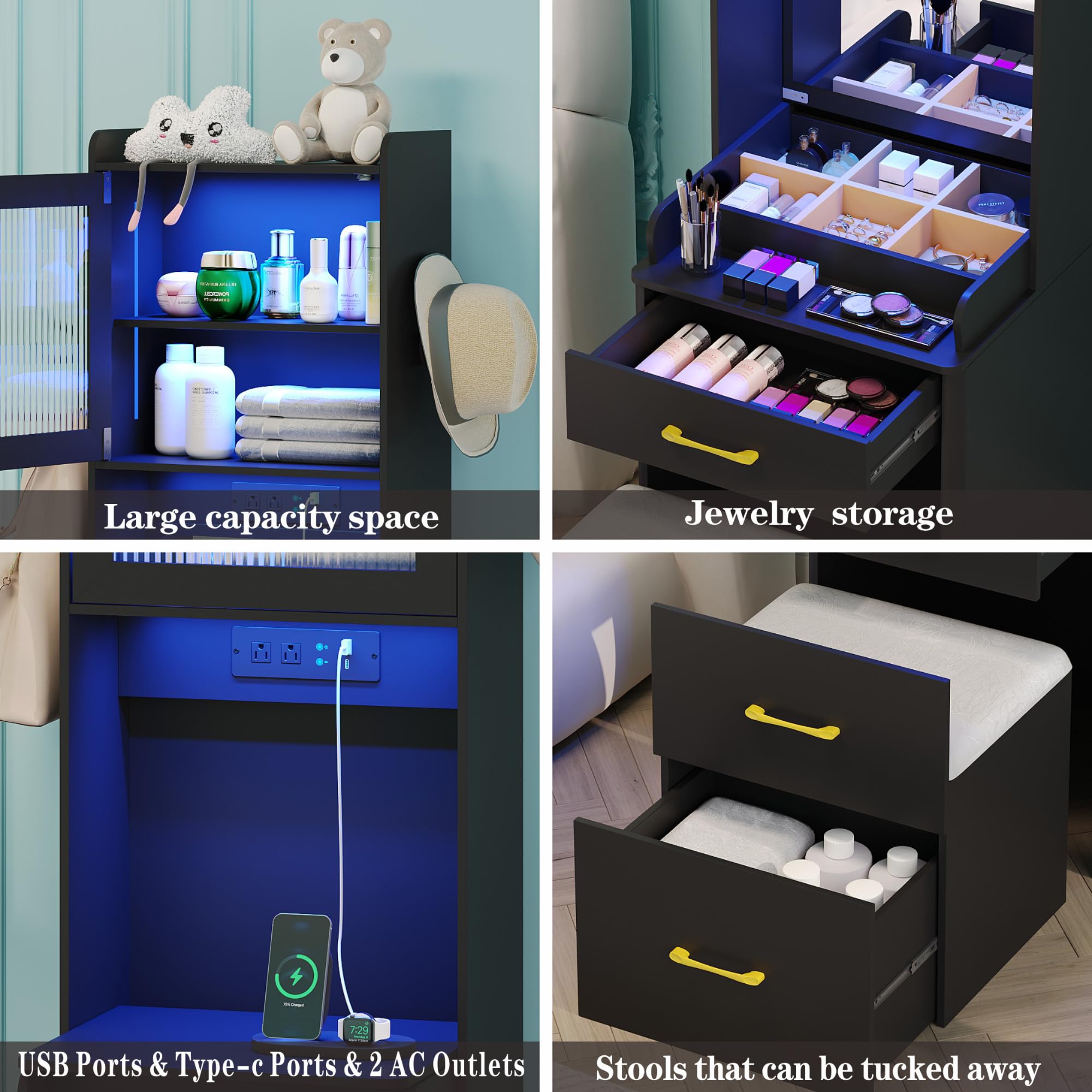 FREDEES Human Sensor LED Vanity Set with Charging Station, Makeup Vanity Desk with Plip-up Vanity Mirror, Large Capacity Dressing Table Suitable for Bedroom Bedside Table Nightstand(Black)