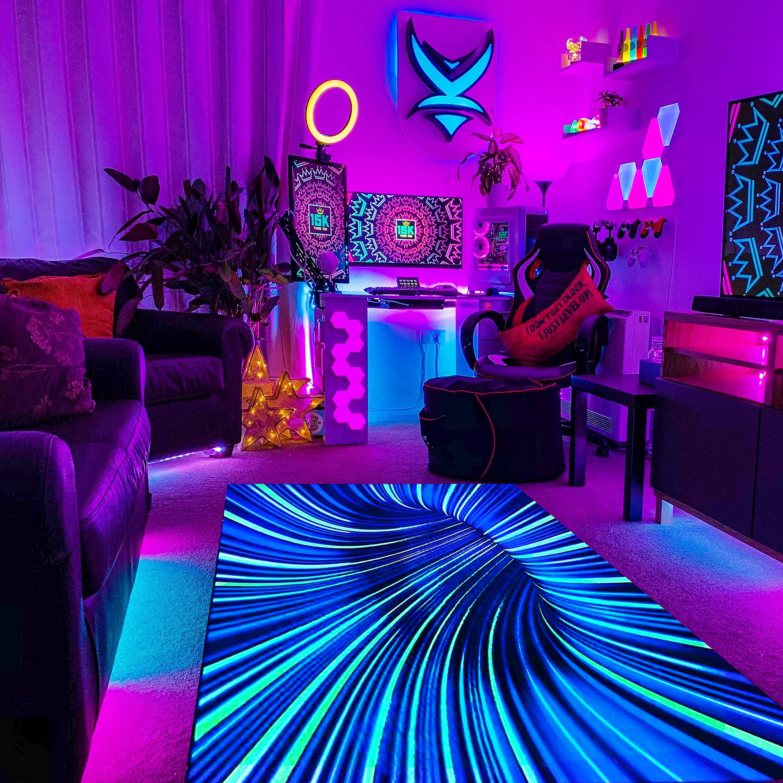 SEBKQ Optical Illusion Area Rug Black Light,Large UV Reactive 3D Vortex Non-Slip Carpet,Suitable for Living Room Bedroom Decorative Rug 70in×47in×0.39in(Green)