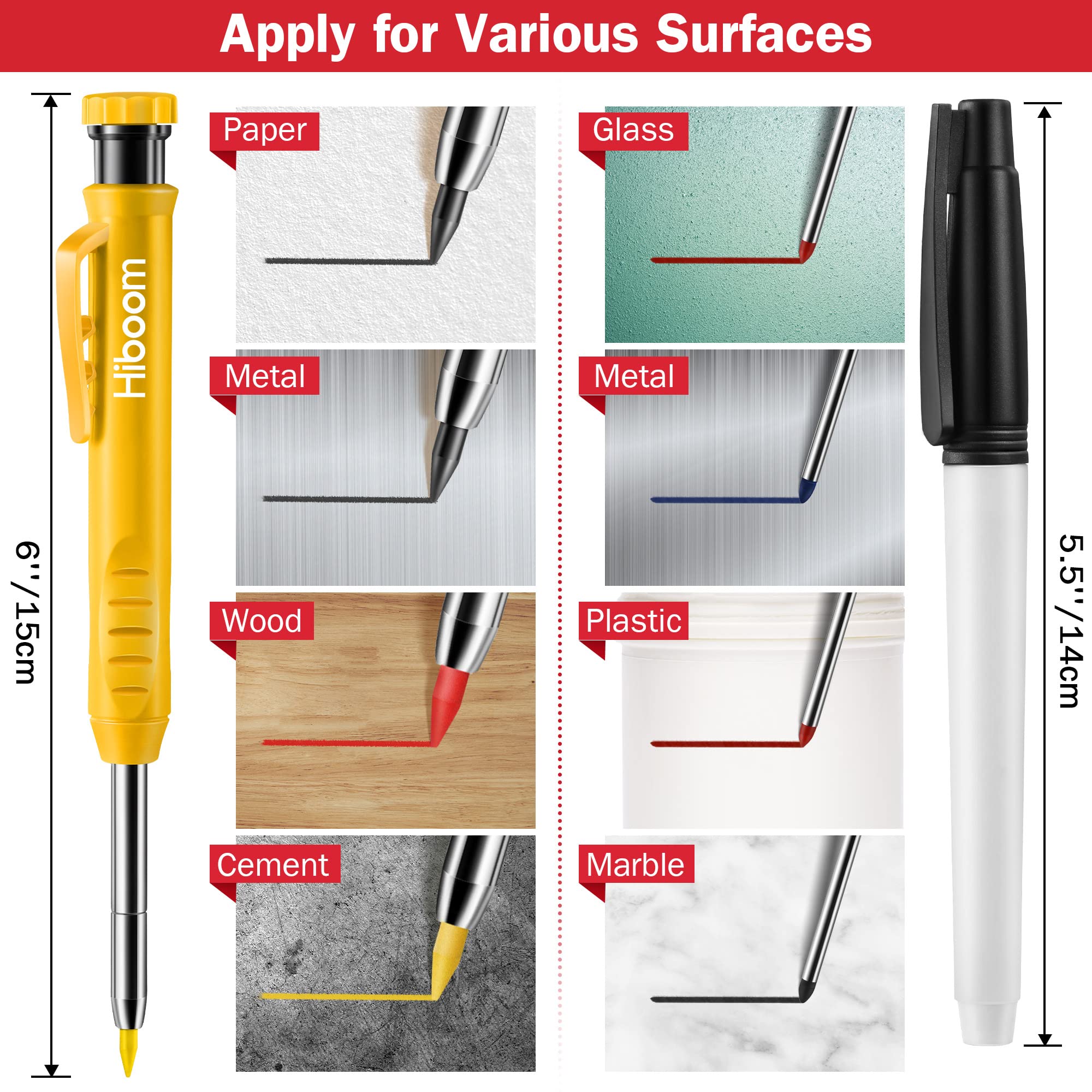 Mechanical Carpenter Pencil Set, 3 Pcs Woodworking Pencil with Built in Sharpener and 12 Pcs Refills, 3 Pcs Long Nose Deep Hole Marker Pen, Scriber Marking Tools for Architect (Red, Black, Yellow)