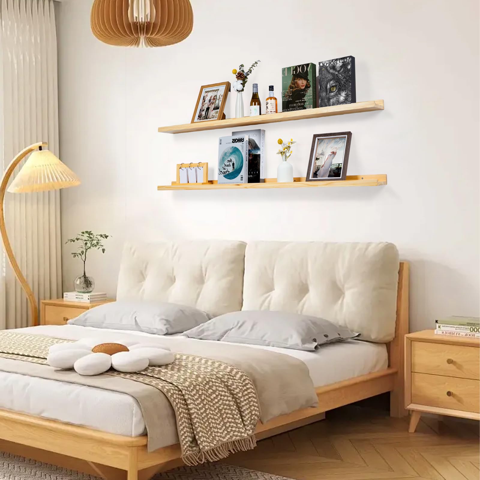 tonchean Floating Shelves 49 inch Pine Wooden Shelf with Ledge, 2 Pcs Long Floating Shelf with Lip for Wall, Picture Shelf for Living Room Bedroom Kitchen