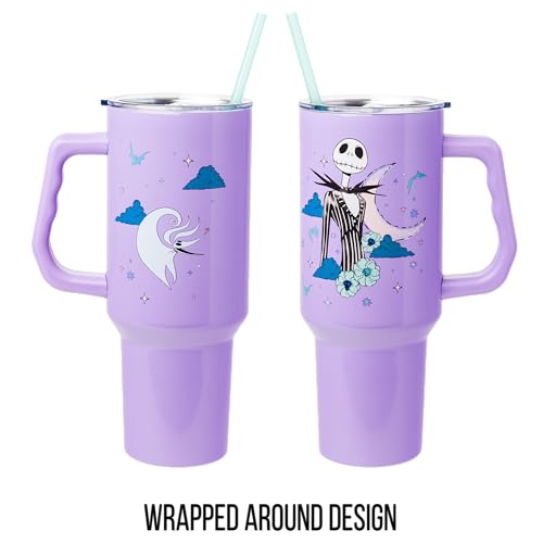 Silver Buffalo Disney Nightmare Before Christmas by Tim Burton Jack Skellington Stainless Steel Tumbler with Handle and Straw, Fits in Standard Cup Holder, 40 Ounces