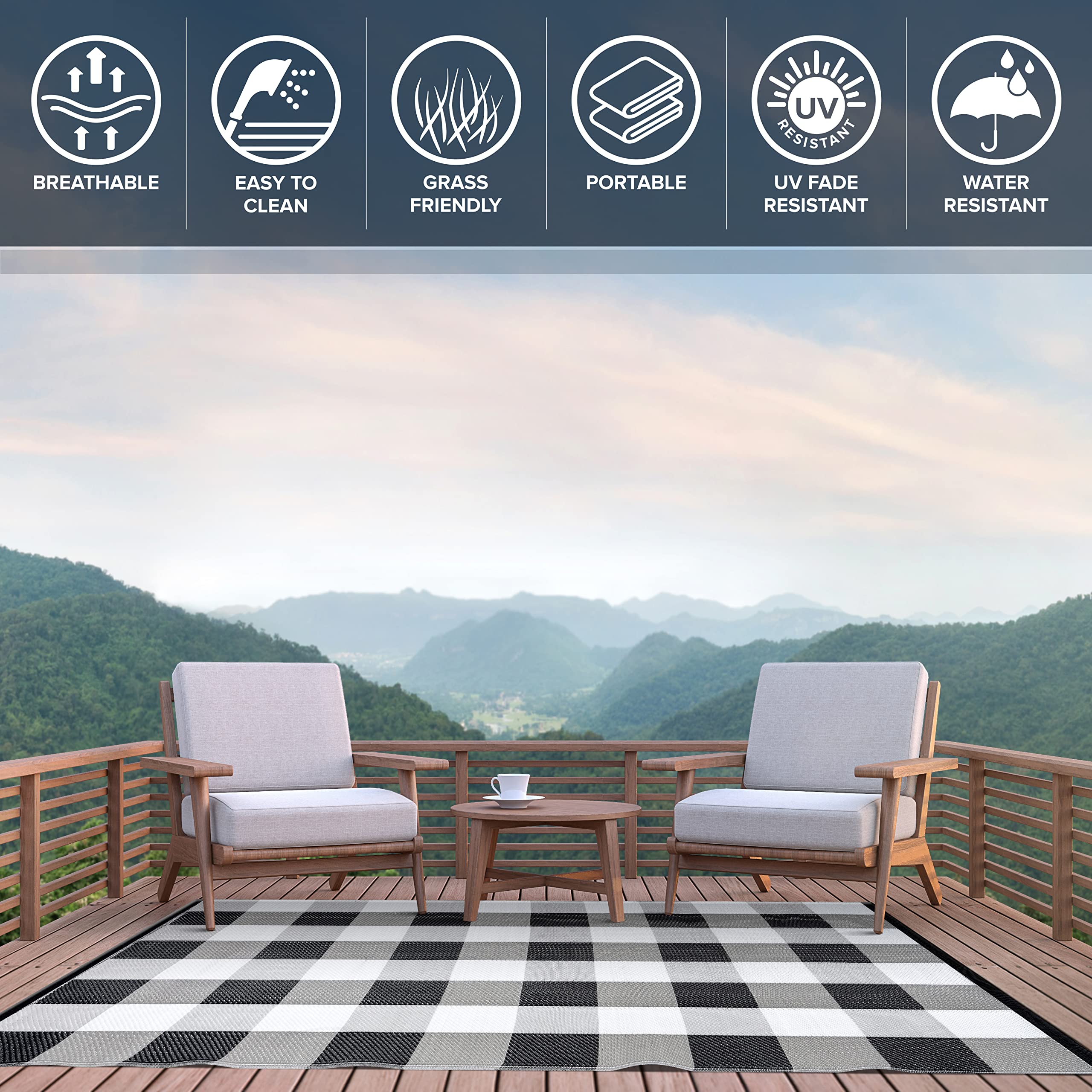 Lena Rug Buffalo Plaid Outdoor Rug Waterproof for Patio RV Camping Picnic Balcony Plastic Straw Rug Grey White 5x7