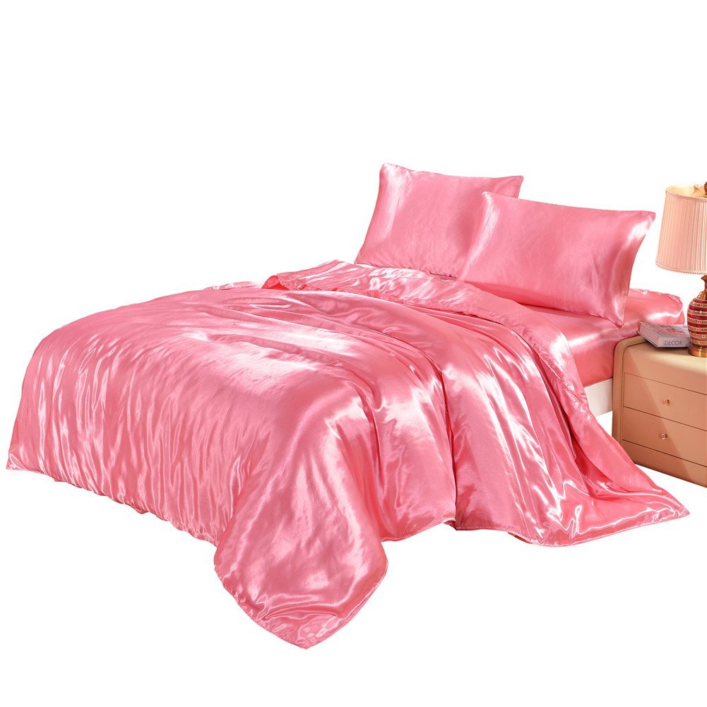 Vagasi Pink Duvet Cover Set Queen Size 3 Pieces - Comforter Cover Super Soft with 2 Pillow Shams - Satin Bedding Set Breathable & Smooth with Zipper Closure