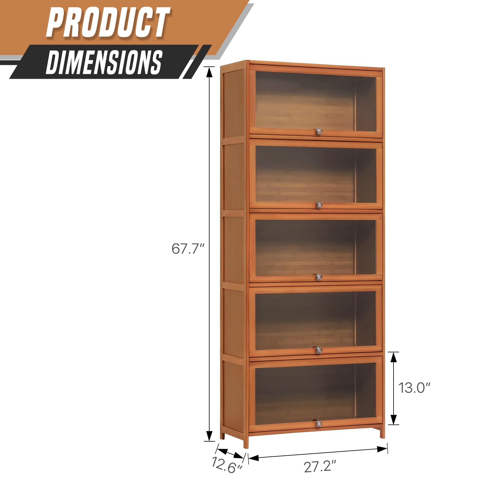 SFIHOME 68" H Bamboo Bookcase with Acrylic Doors, 5 Tier Free Standing Tall Book Shelf Storage Cabinet, Corner Bookshelf Display Organizer for Living Room Office Home, Brown