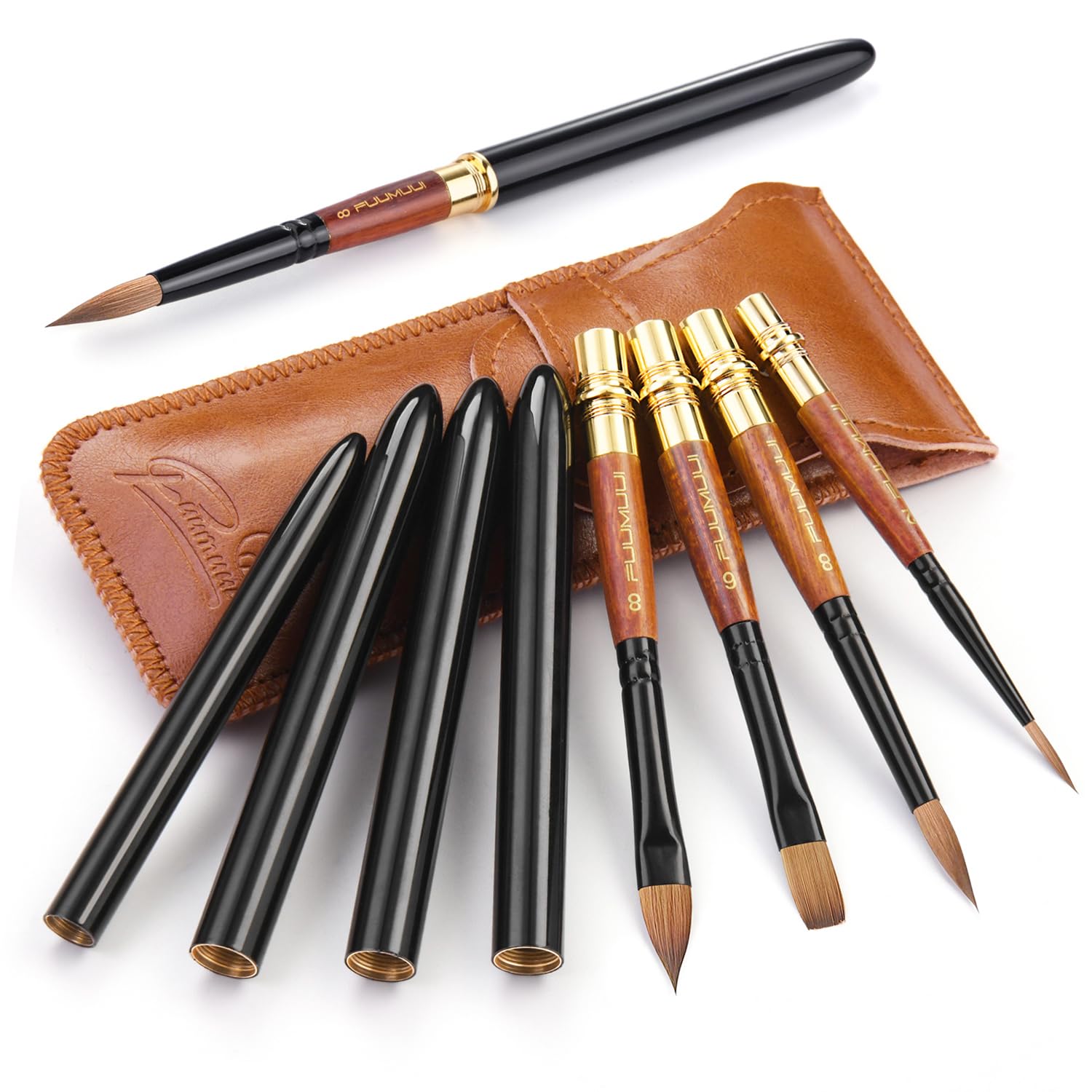Sable Travel Watercolor Brushes, Fuumuui 4pcs Elegant Kolinsky Sable Watercolor Travel Brushes Travel Watercolor Kit with Leather Pouch Perfect for Watercolor Gouache Ink Painting