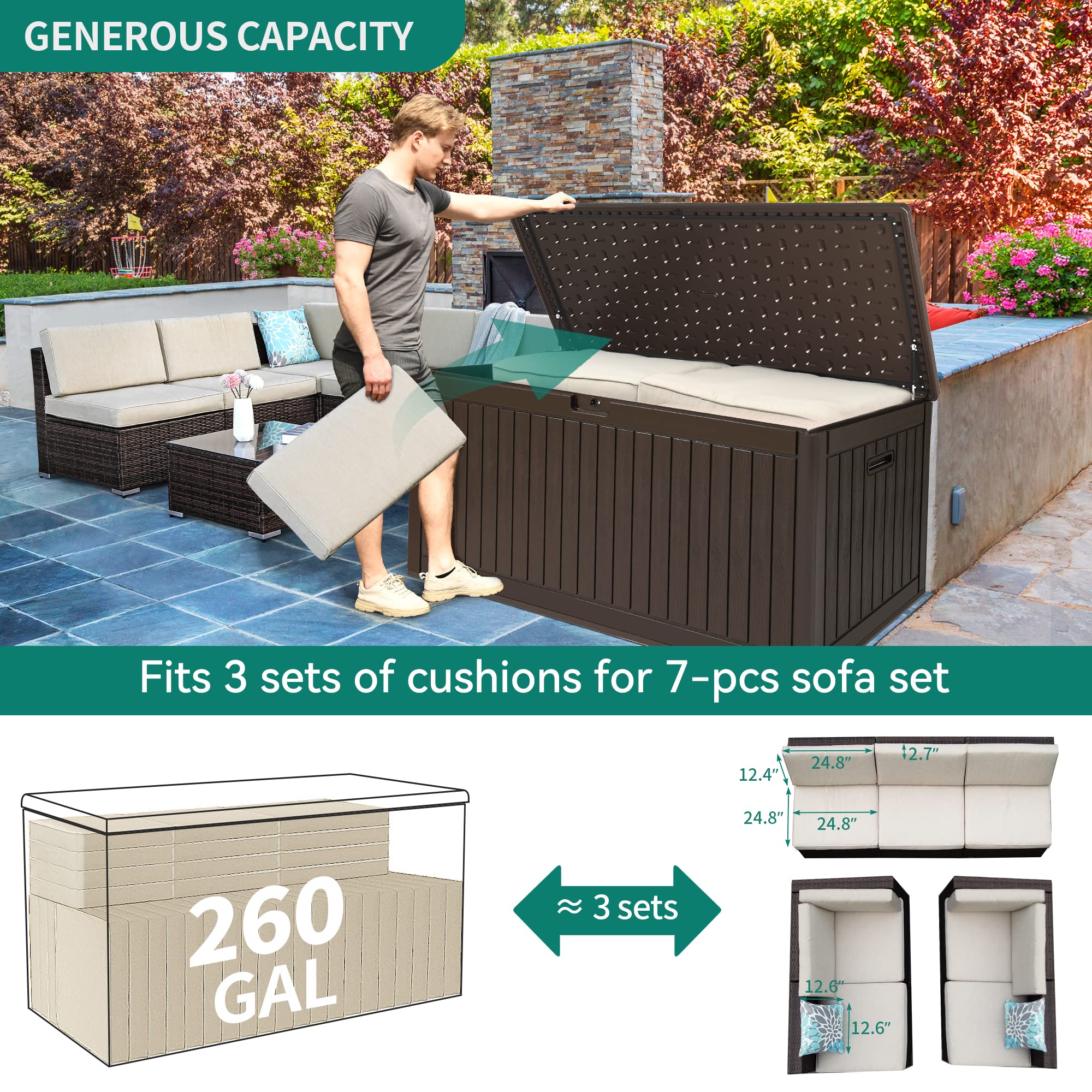 YITAHOME 260 Gallon Double-Wall Deck Box with Divider & Side Handles, Outdoor Large Storage for Patio Furniture Cushions, Garden Pool Accessories, Water Resistant & Lockable