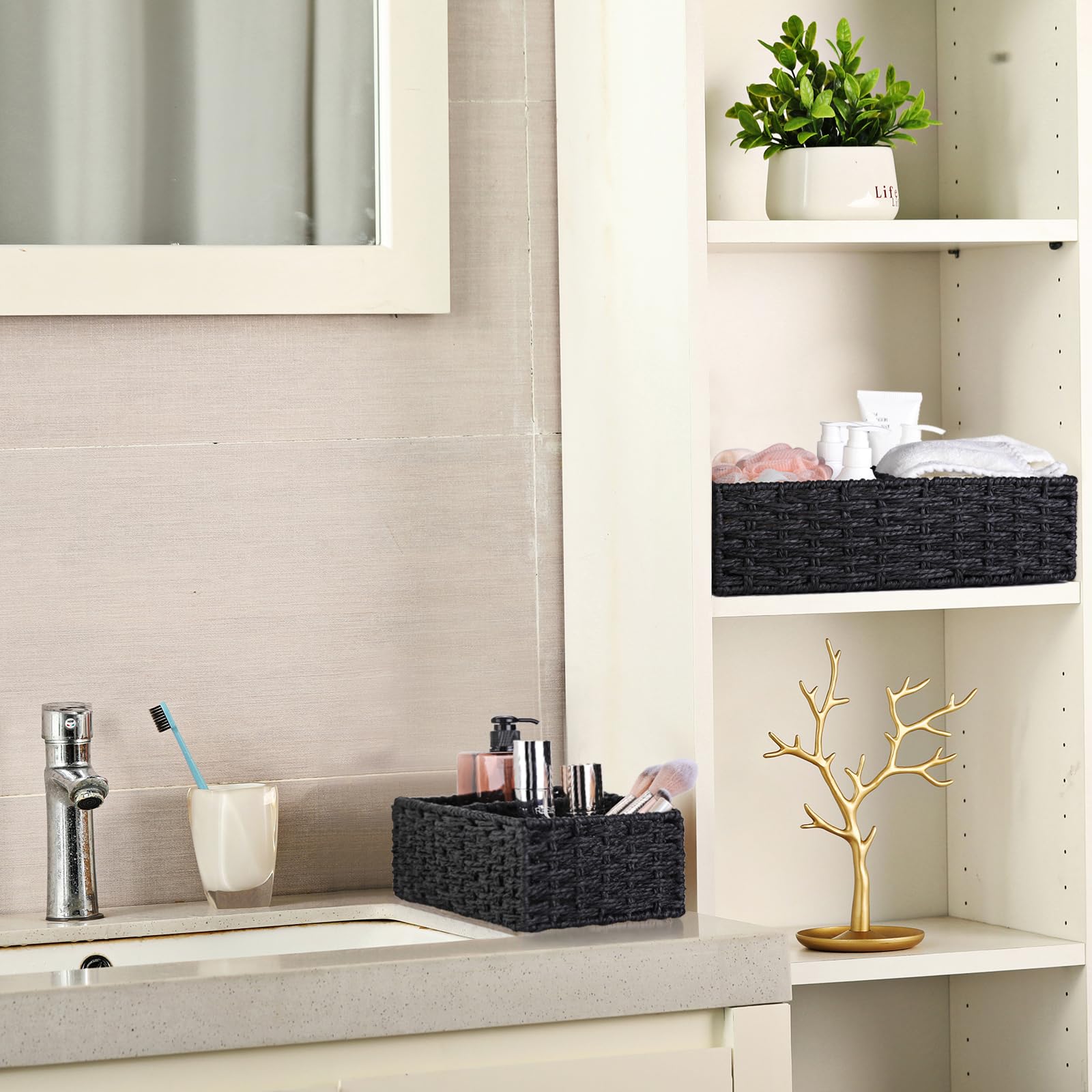 Vagusicc 2-Section Wicker Storage Basket, Hand-Woven Paper Rope Wicker Baskets, Toilet Tank Basket, Baskets for Organizing, 2-Pack, Black