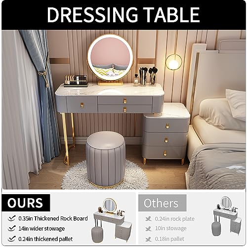 Winfree Makeup Vanity Table with 5 Solid Wood Drawers and Vanity Chair, 3 Color Light Adjustable Brightness, Including LED Makeup Mirror,for Family Bedroom, for Her (31.5β)