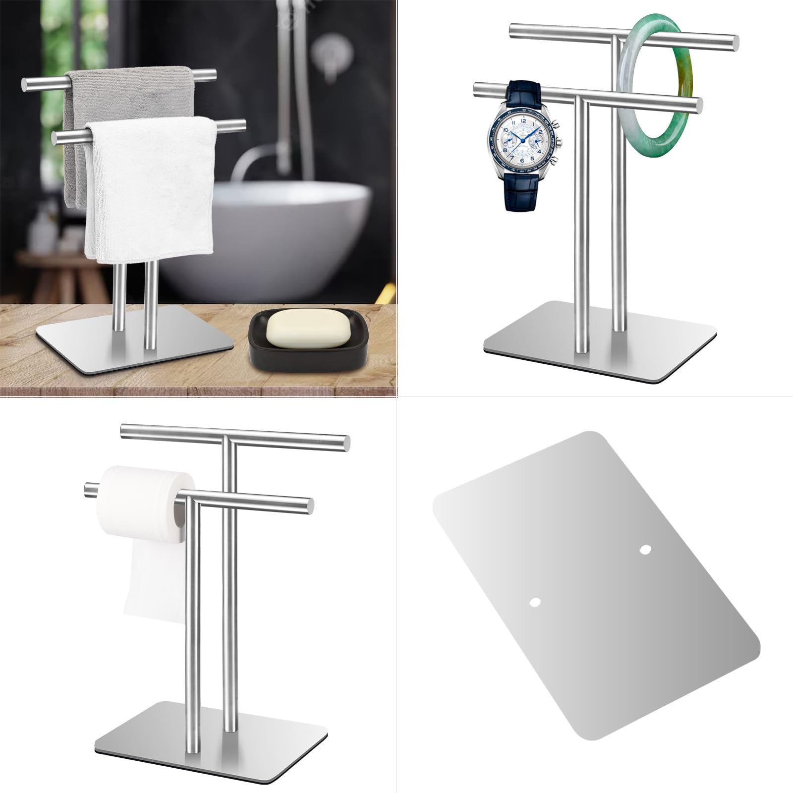 Square T-Shape Hand Towel Holder 2-Tier - Standing Hand Towel Rack for Bathroom or Kitchen Countertops, with SUS304 Stainless Steel Brushed Finish,Minimalist Style