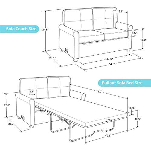 OUllUO Pull Out Sofa Bed Dual Plugs USB Ports, 2-in-1 Convertible Loveseat Sofa Couch Sleeper with Folding Mattress, Modern 2 Seat Small Sofa Couch for Living Room Apartment Guest Bedroom,Gray