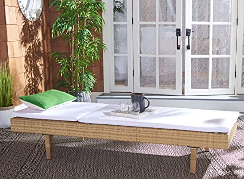 SAFAVIEH Outdoor Collection Cam Natural Brown Wicker/White Cushion Adjustable Chaise Lounge Chair, Black/Beige (PAT7501D)