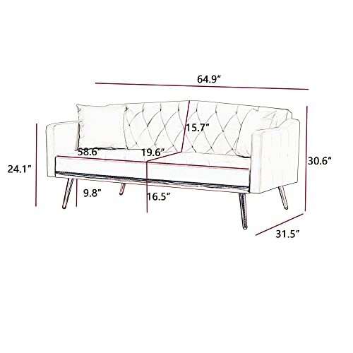 Yoglad Convertible Sofa with Pillow, Upholstered Recliner Couch, Futon Loveseat with Metal Legs, Daybed Sleeper for Living Room (White, 64" Velvet, Hill-Shaped Backrest)