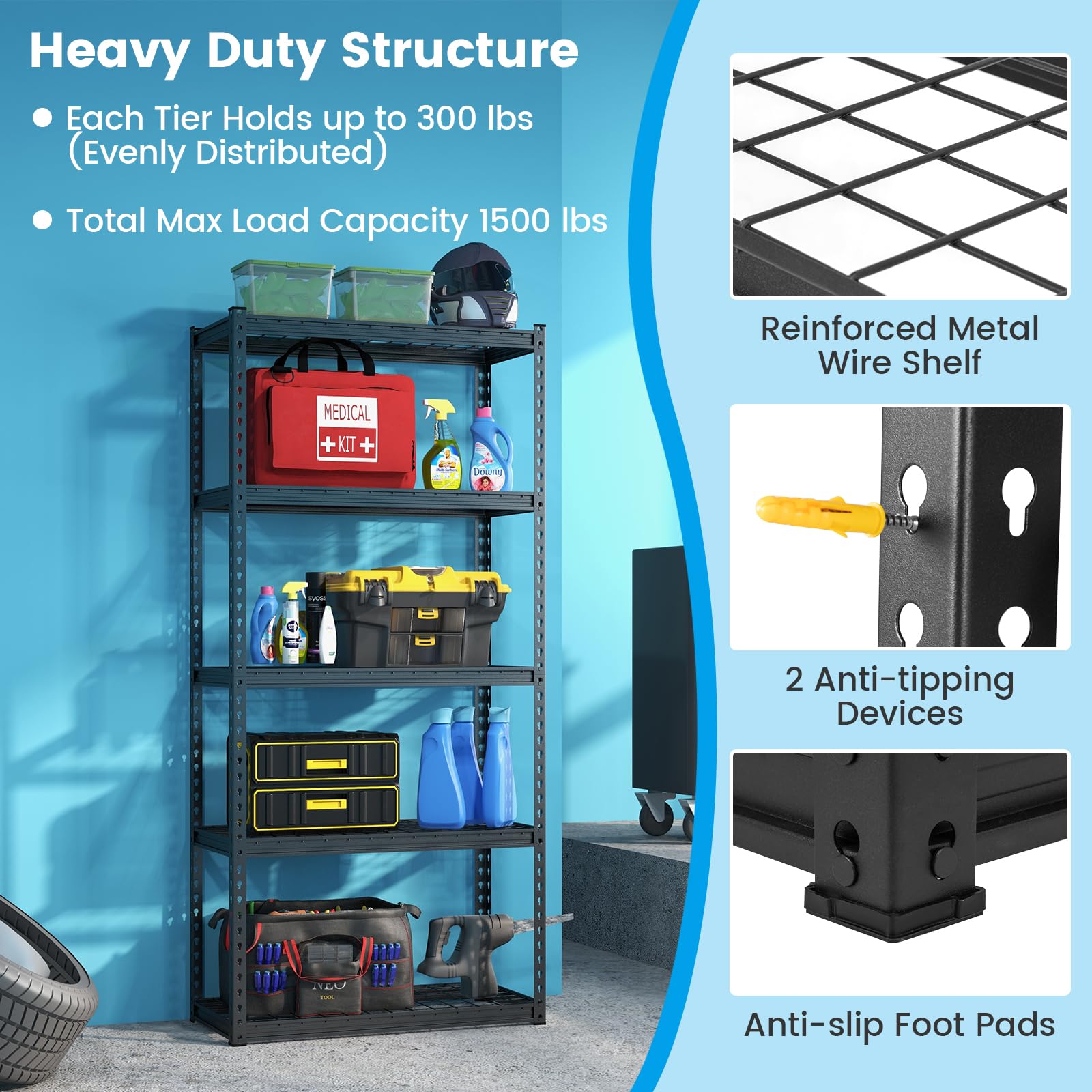 Tangkula 5-Tier Garage Storage Shelves, Heavy Duty Metal Storage Shelving Unit, Adjustable Utility Storage Rack Organizer for Warehouse Kitchen Pantry Basement, 35.5" L x 15.5" W x 72" H (3, Black)
