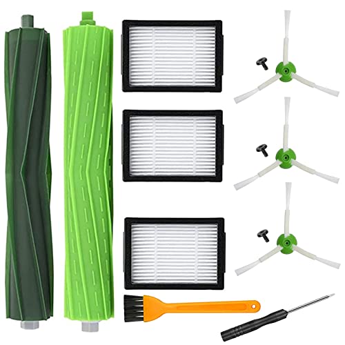 Replacement parts accessories compatible with irobot Roomba i3 i3+ i4 i6 i6+ i7 i7+ i8+/Plus E5 E6 E7 I, E&J series vacuum cleaner, 1 set multi-surface rubber brushes, 3 air filters & 3 side brushes.