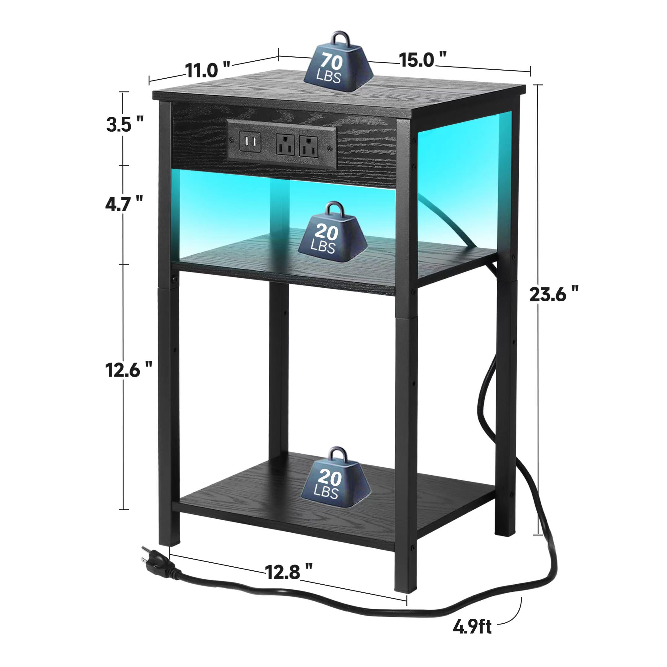 Rietolax LED End Table with Charging Station, Small Side Table for Living Room, Nightstand with USB Ports & Outlets, 3-Tier Bedside Table with Storage Shelf, Black