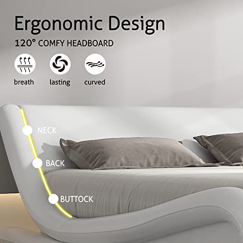 SHA CERLIN Full Size Bed Frame Luxury Wave-Like Modern Upholstered Low Profile Platform Bed, Faux Leather Sleigh Bed with Adjustable Headboard, No Box Spring Needed, White