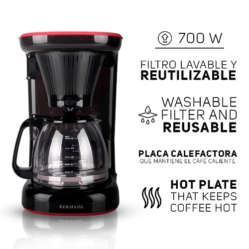 Taurus | Velvet | COFFEMAKER | Glass Jar 38.4 oz |Modern Design Coffee Machine|700 watts of power |washable and reusable filter |Compact size | Make it in minutes|