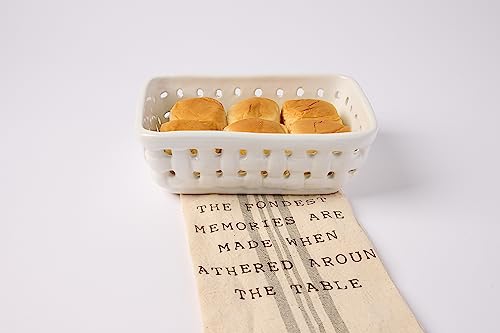 Mud Pie Ceramic Weave Serving Basket, White, basket 6" x 9" | towel 26" x 16 1/2"