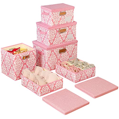 SEEKIND Storage Box, Decorative Storage Bins with Lid,6 in 1 Set,with Handles,Foldable for Space Saving Storage Boxes,for Bras,Clothes, Cosmetic,Blankets (Pink) …