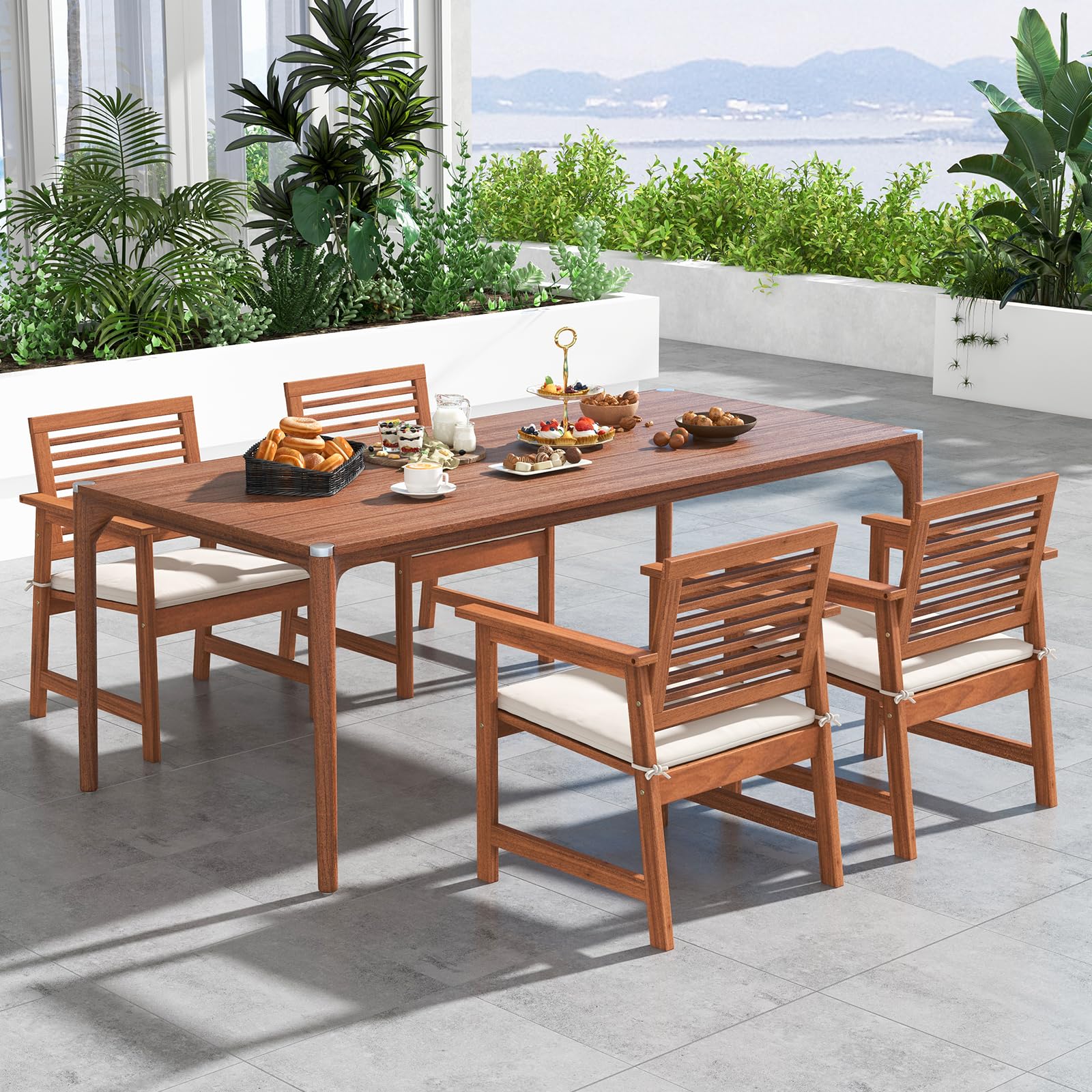 Tangkula Outdoor Dining Chairs Set of 2, Weather-Resistant Heavy Duty Slatted Wood Patio Chairs with Soft Padded Cushions, for Deck, Garden, Poolside, Balcony (2, Off White)