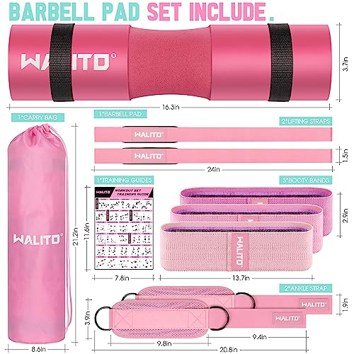WALITO 10Pcs Barbell Pad Set for Hip Thrust - Squat Pad for Barbell Lunges, Bench Press, with 2 Gym Ankle Straps, 3 Resistance Bands for Working Out, 2 Lifting Strap, Workout Poster, Carry Bag