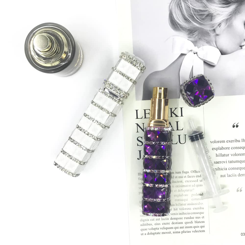 KEBOOT Rhinestone Empty Portable Spray Bottle, Mini Perfume Refillable Bottle Travel, Shiny Crystal Spray Essential Oil Bottle for Outgoing 12 ml (White and Purple)