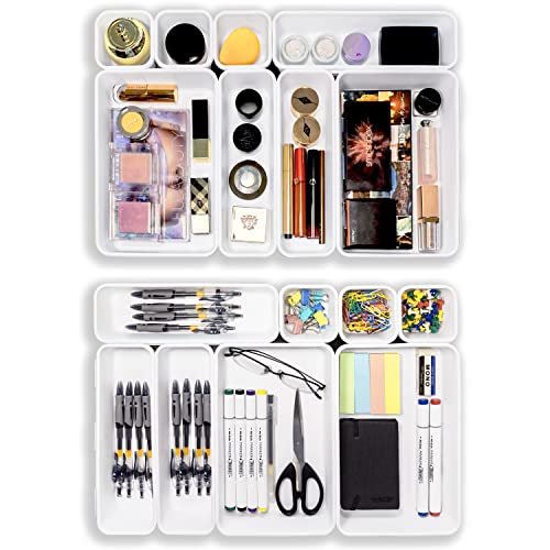 QYIUNEG 16PCS Interlocking Shallow Drawer Organizers,Interlocking Plastic Shallow Customizable drawer organizer bins,Drawers storage for Office Kitchen Cabinet Vanity Makeup Bathroom Dresser