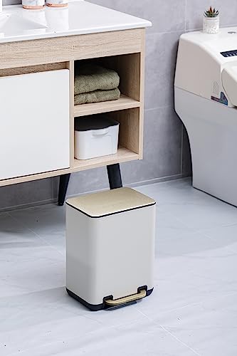 SunnyPoint 6 Liter / 1.58 Gallon Trash Can with Plastic Inner Buckets; Rectangle Bathroom, Office, Kitchen, and Bedroom Step On and Slow Close (WHT+Gold)