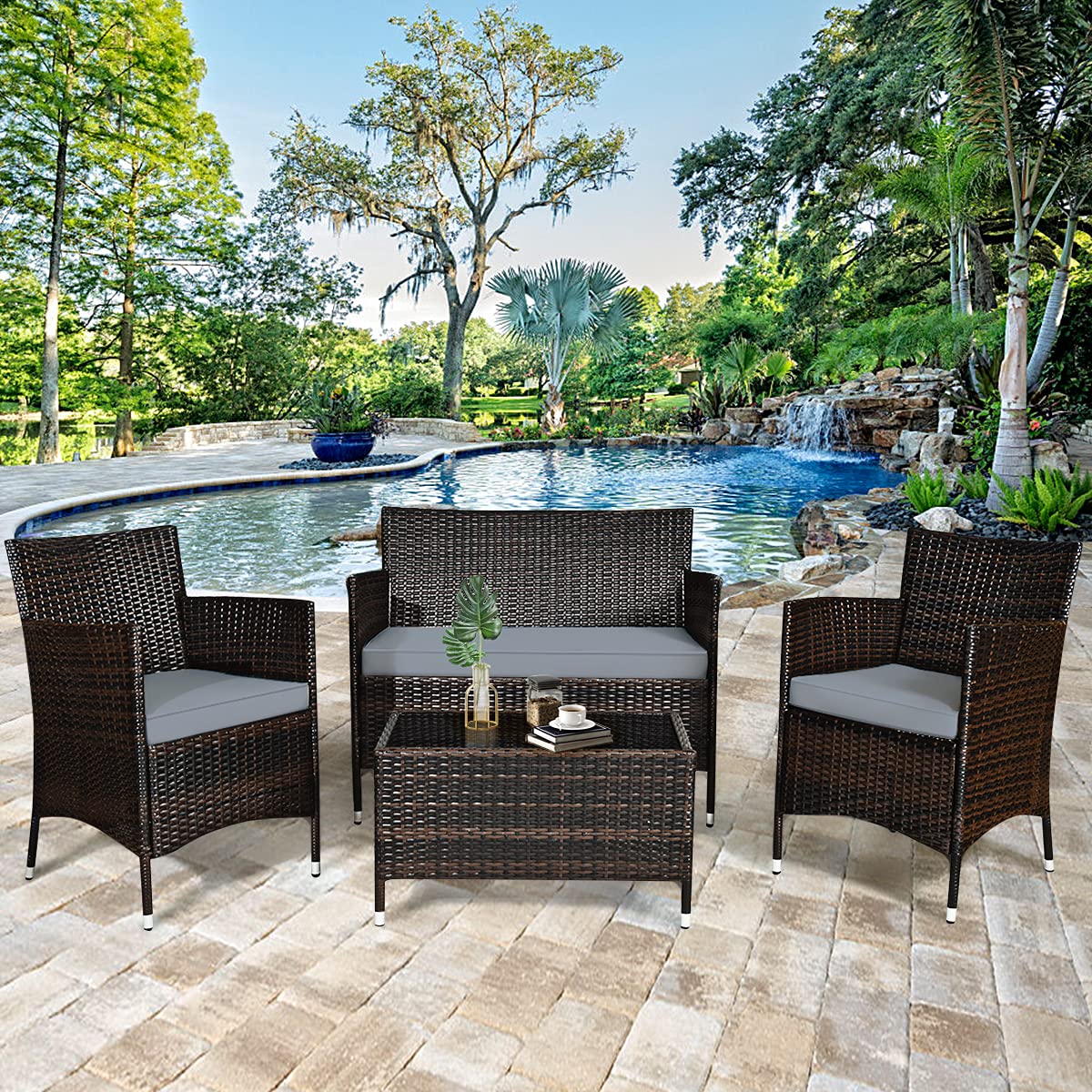 Toolsempire 4 Pieces Patio Sofa Set, Wicker Conversation Set with Ergonomic Curved Backrest, Patio Rattan Furniture Set with Water-Resistant Cushion & Tempered Glass Table for Balcony, Porch (Gray)