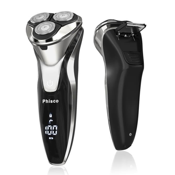 Phisco Electric Shaver Razor for Men Floating Rotary, IPX7, LED Display, Rechargeable, Dry/Wet, Pop-Up Beard Trimmer (Black)