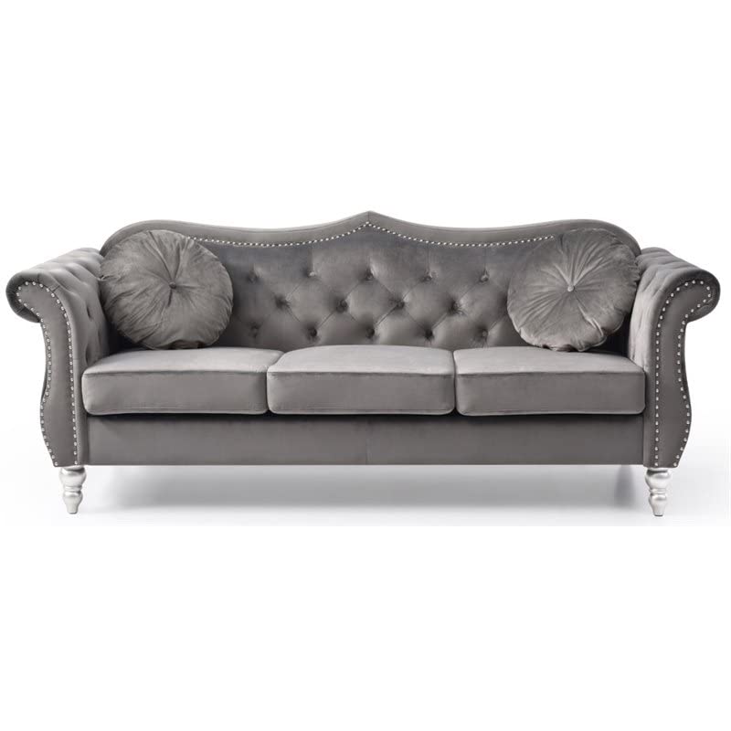 Pemberly Row17 Transitional Velvet Tufted Sofa with 2 Pillows in Dark Gray