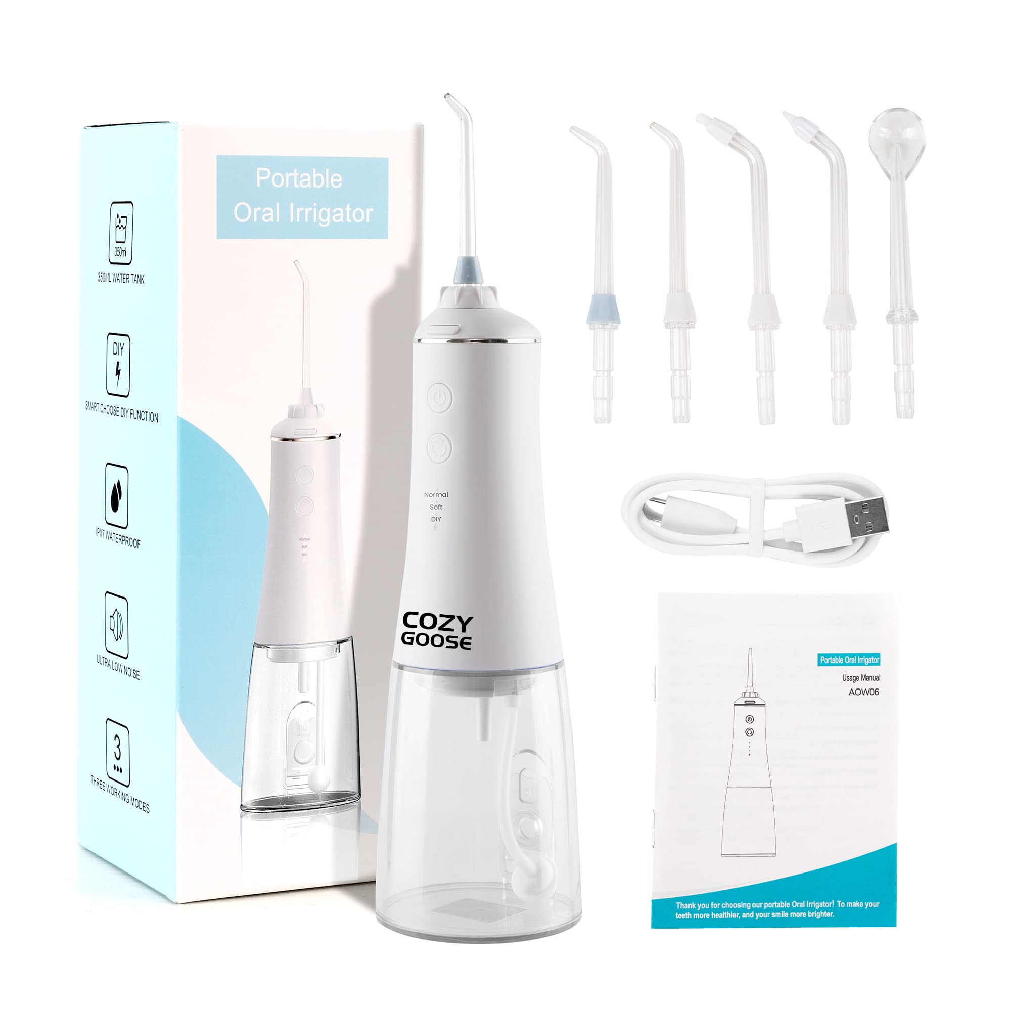 Portable Oral Irrigator ,Water Dental Flosser,Electric Flossers for Teeth,3 Cleaning Modes IPX7 Waterproof, 5Tips (Transparent)