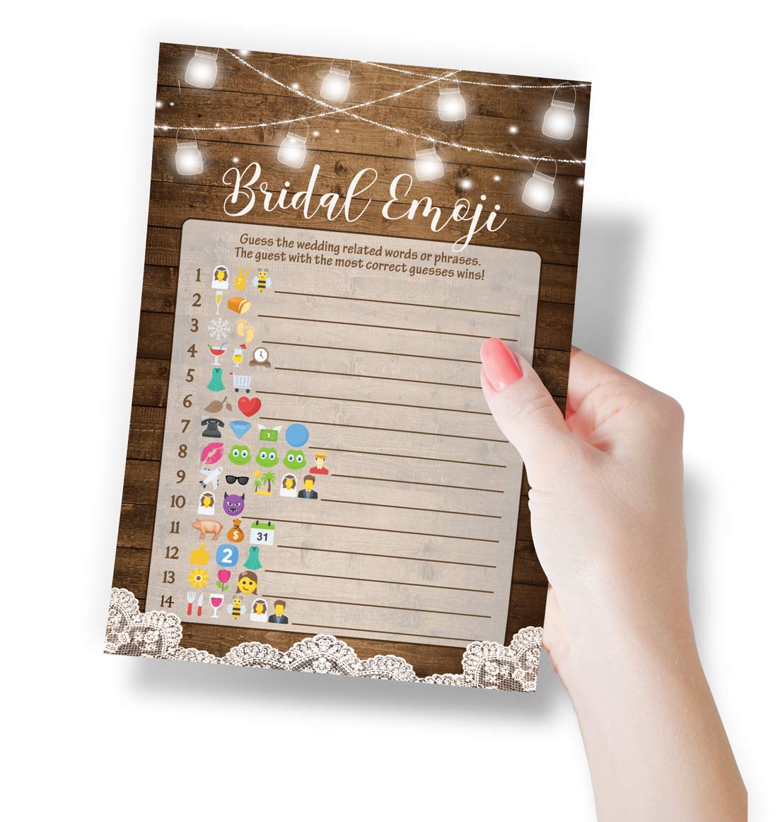 Printed Party Bridal Shower Games – Emoji Guessing Game with Popular Wedding Phrases, Fun Wedding Shower Activity, Rustic Country Design, 50 Guests