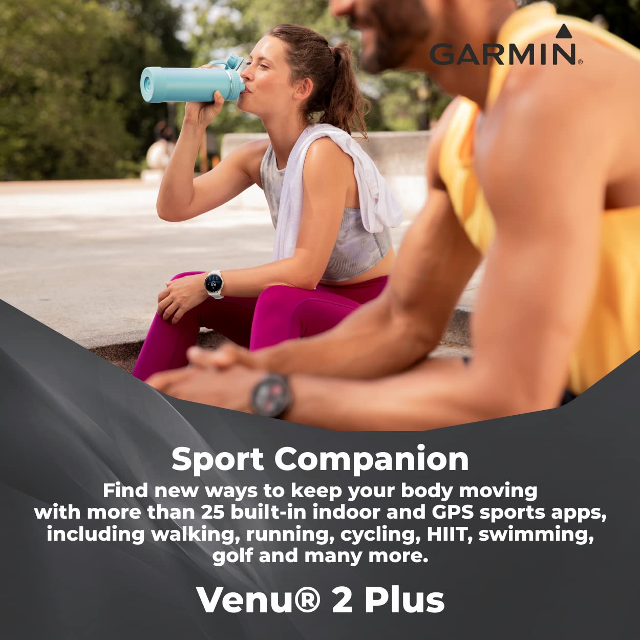 Wearable4U Garmin Venu 2 Plus GPS Multisport Smartwatch, 33 mm with AMOLED Display, Call and Text, Music, Adv HM+FF, Slate Bezel with Black Case Black Earbuds Bundle