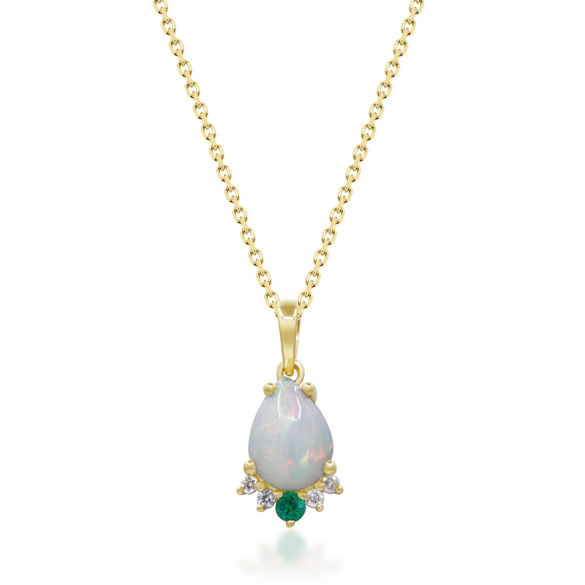 Gin & Grace 10K Yellow Gold Ethiopian Opal and Emerald Pendant Necklace with Diamonds for women | Ethically, authentically & organically sourced (Pear) shaped opal hand-crafted jewelry for her