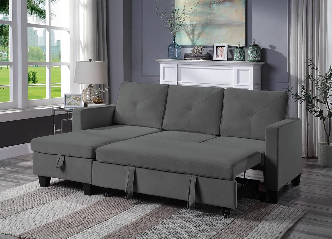 TUTB 82.5'' L-Shape Convertible Sleeper Sectional Sofa with Storage Chaise and Pull-Out Bed, Velvet Upholstered Reversible Corner 3 Person Couch, for Living Room, Apartment, Dark Gray