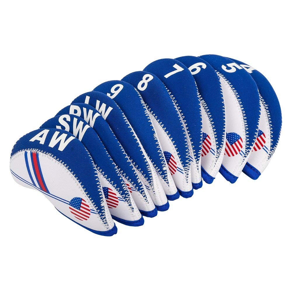 Golf Iron Head Cover Navy Blue 10pcs Set 4-9 A/Sw/Pw/Lw with Gossip Pattern Splice Digital Neoprene Golf Club Headcovers Wedge Iron Protective Headcover