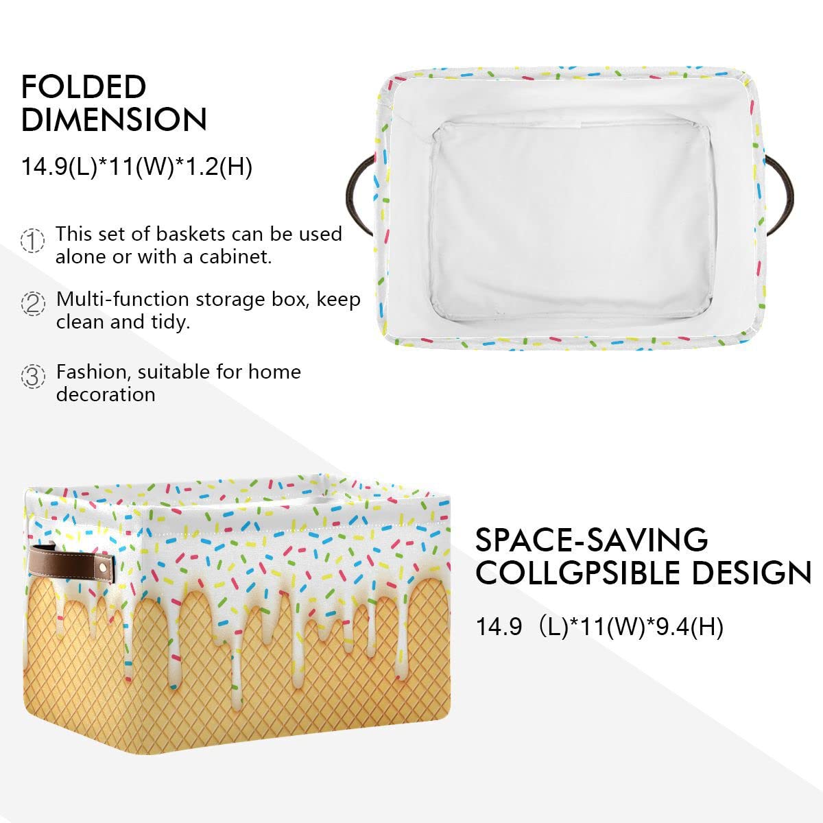 xigua Ice Cream Cone Rectangular Storage Bin Canvas Square Storage Basket with Handles for Home,Office,Books,Nursery,Kid's Toys,Closet & Laundry,Gift Basket…