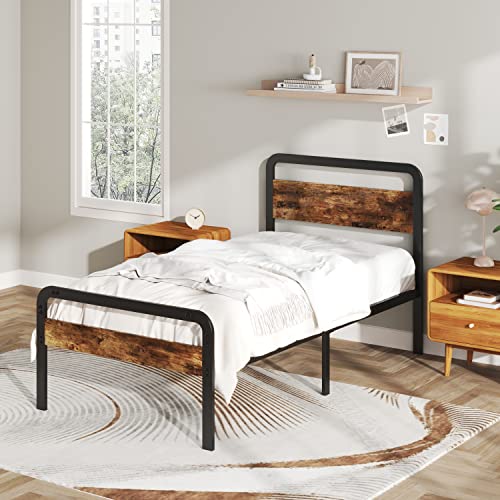 Upcanso Twin Size Bed Frame with Wood Headboard and Footboard, Platform Twin Bed Frames No Box Spring Needed with Heavy Duty Slats for Kids, Easy Assembly