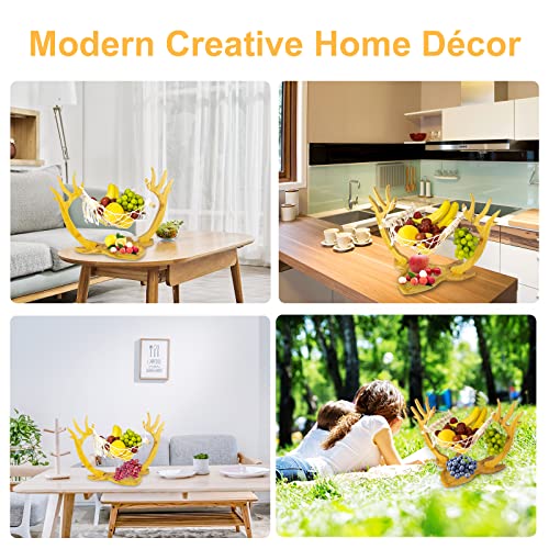 Opohaome Farmhouse Wooden 2 Tier Tray Kitchen Table Decor Serving Tier Tray Fruit Basket Bowl with Banana Hanger Macrame Fruit Hammock Creative Decorative Trays Two Tier Tray Cupcake Stand