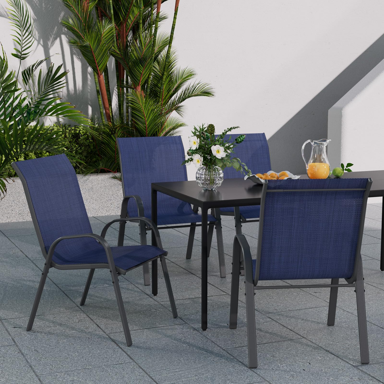 VONZOY Patio Dining Chairs Set of 6, Outdoor High Stacking Chairs,Breathable Seat Fabric and Alloy Steel Frame for Backyard, Porch, Garden, Sunroom (Blue)