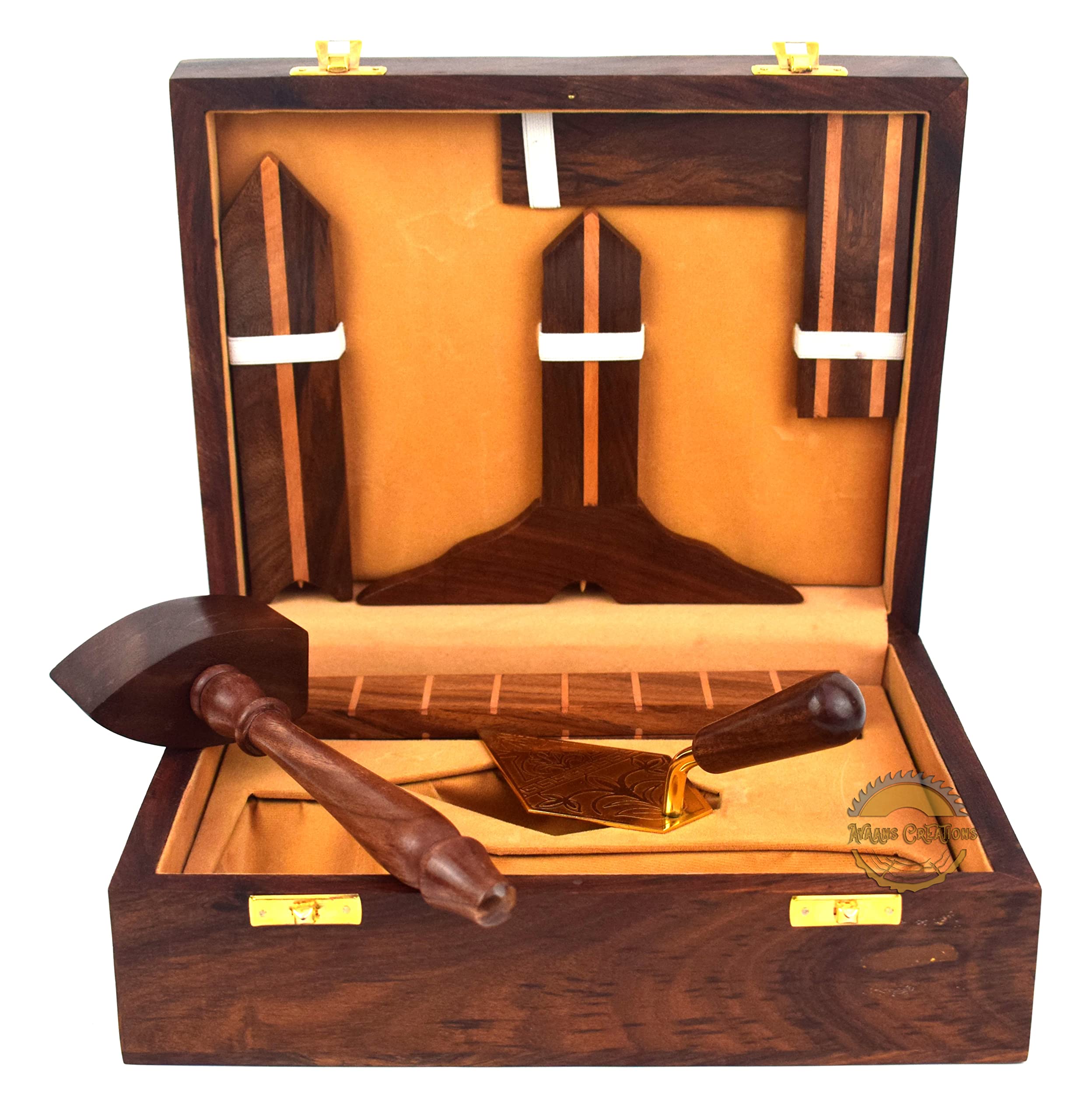 Wooden Masonic Plumb Square And Rule Wooden Masonic Working Tools set with Golden Color Plated trowel Fully Classic Creamy Theme by AYAANS (Cream Theme)