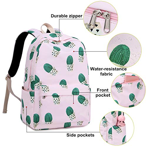 School Backpack Set 3 Pieces Lightweight Teen Girls Bookbags Insulated Lunch Bag Pencil Case (Cactus)
