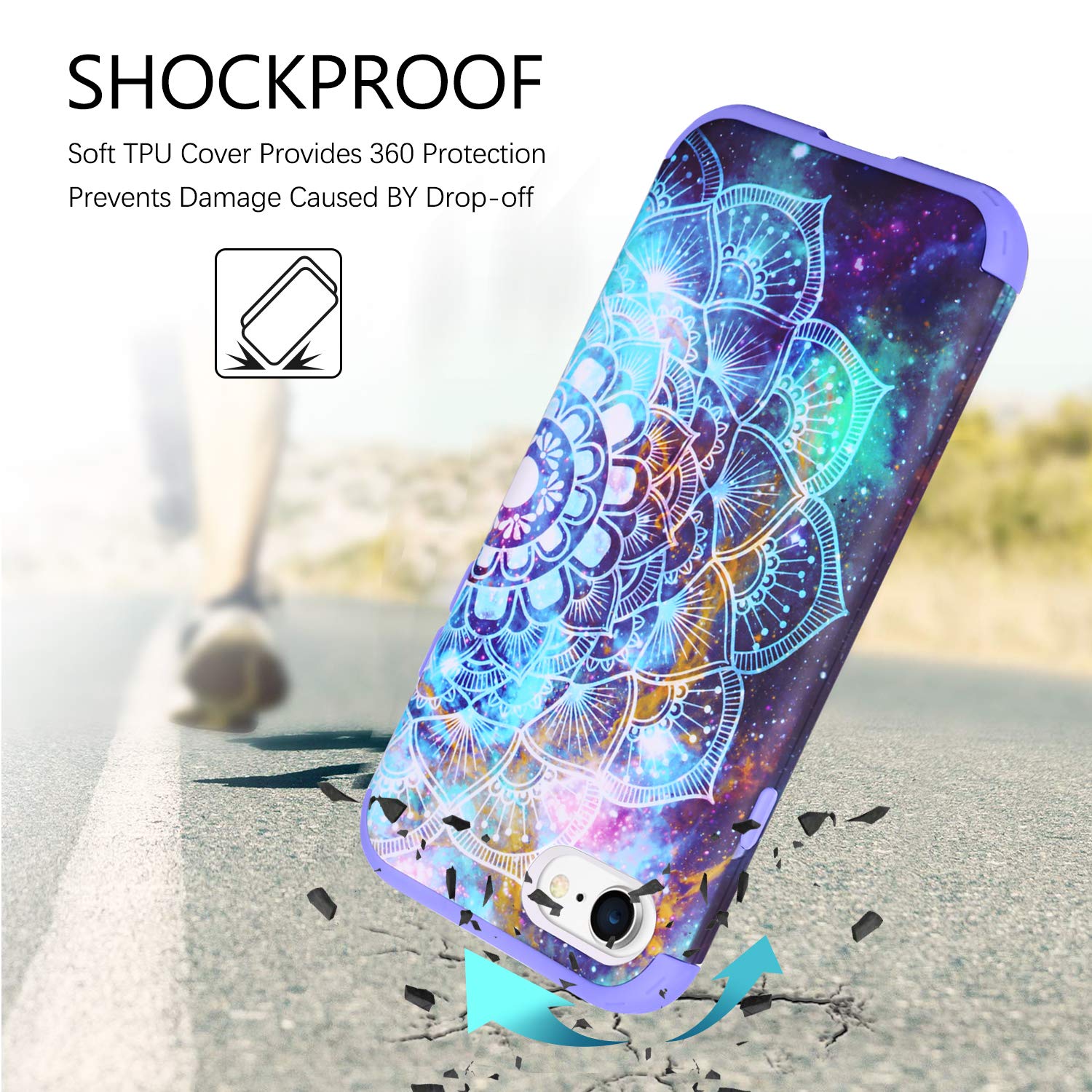 GUAGUA iPhone SE 2022/2020 Case iPhone 8 Case iPhone 7 Case Mandala Flowers Stars Space Nebula Hybrid 3 in 1 Hard PC Soft TPU Cover Bumper Shockproof Case for iPhone 8/7/, SE 3rd/2nd, Purple