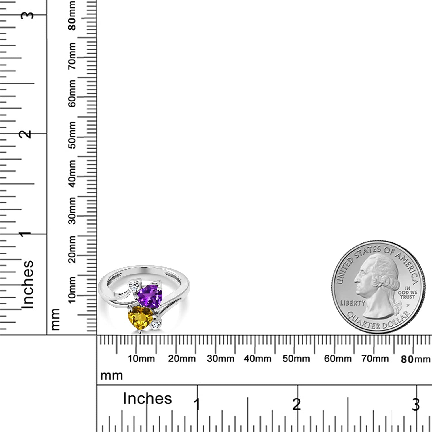 Gem Stone King 925 Sterling Silver Purple Amethyst Yellow Citrine Ring For Women (1.38 Cttw, Heart Shape 6MM, Gemstone February Birthstone, Available In Size 5, 6, 7, 8, 9)