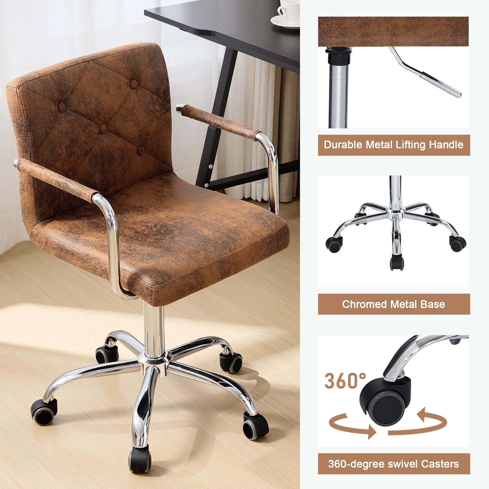 VECELO White Rolling Work Chair for Home Office Desk Adjustable Height with Wheels for Study/Task 360°Swivel, Mid Back, Set of 1