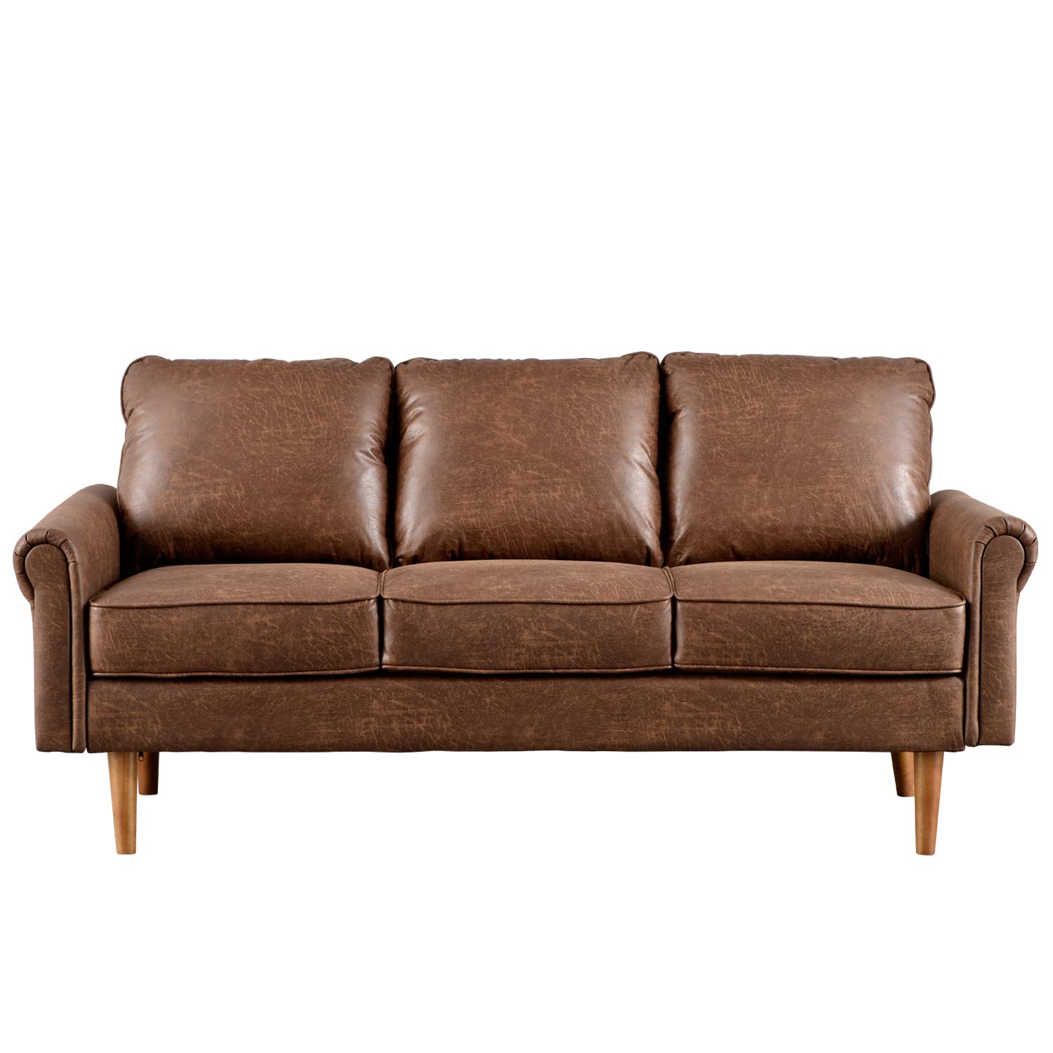 ovios 73.6" Mid-Century Modern Sofa Couch, 3-Seats Leather Couches with Comfy Cushions, Deep Seat Sofas for Living Room Bedroom Apartment and Small Spaces, Dark Brown